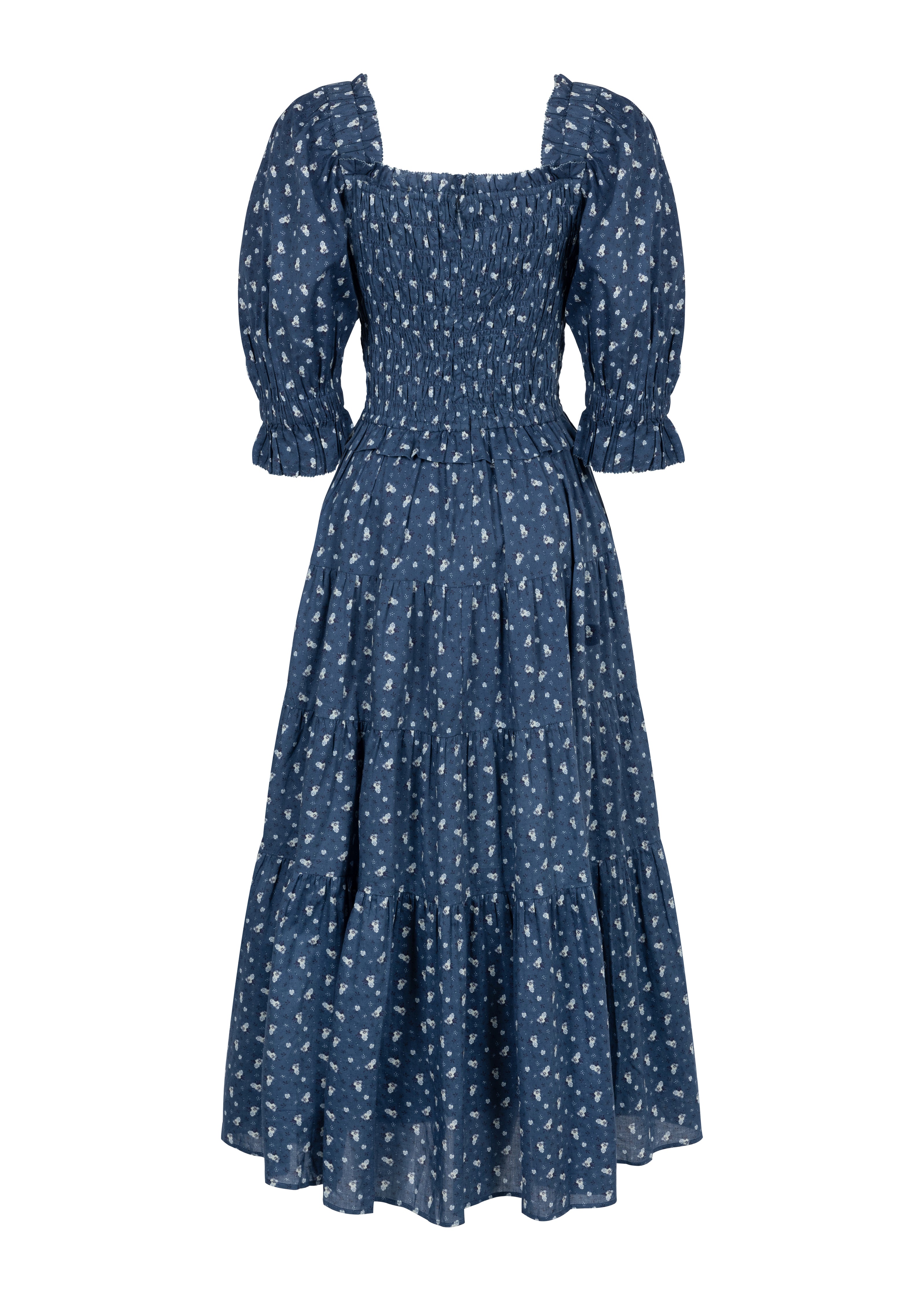 Navy blue ditsy floral puff sleeve prairie style shirred bodice organic ...