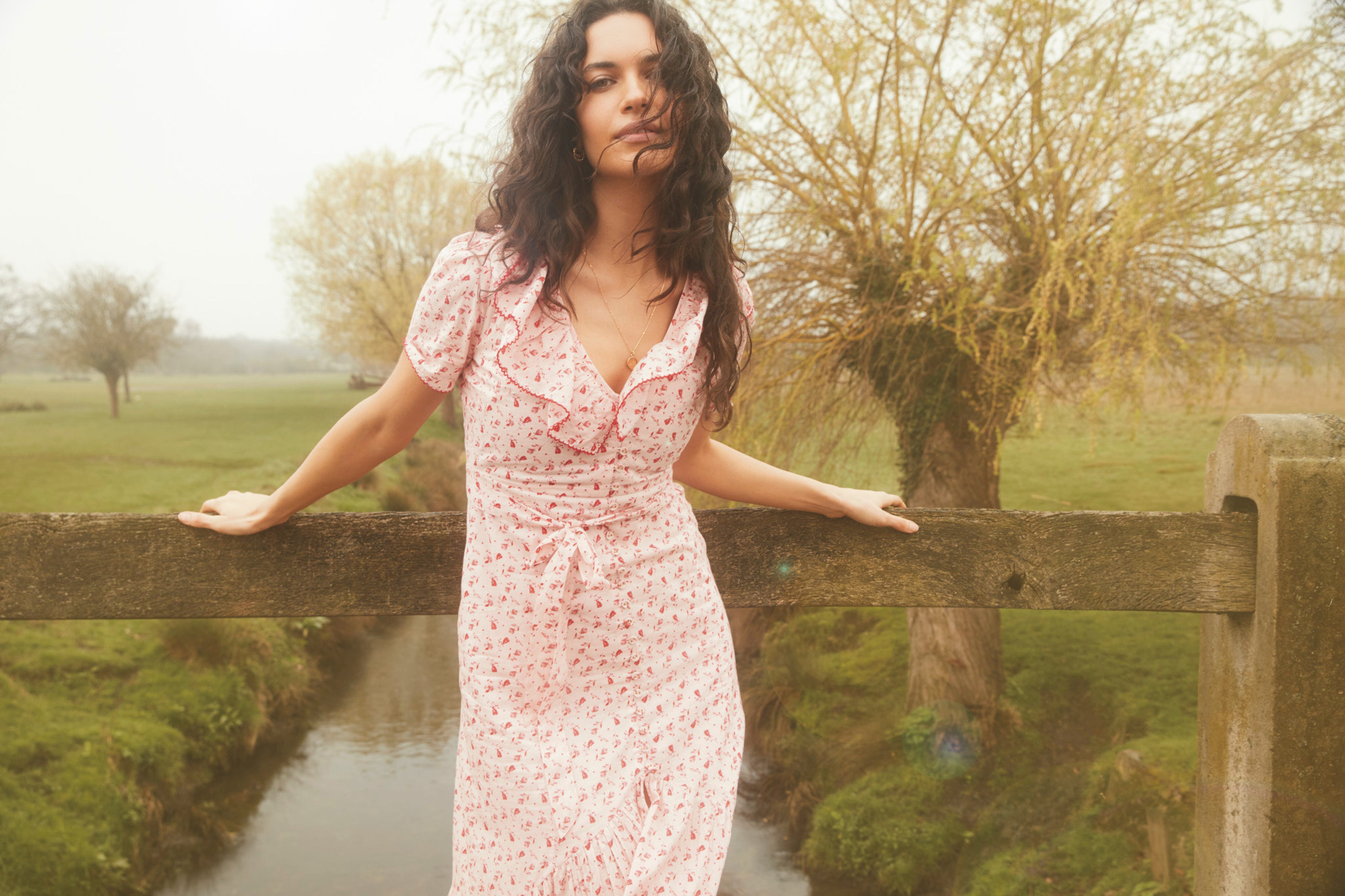 Pink and red floral ruffle capped sleeve Midi dress with buttoned top ...