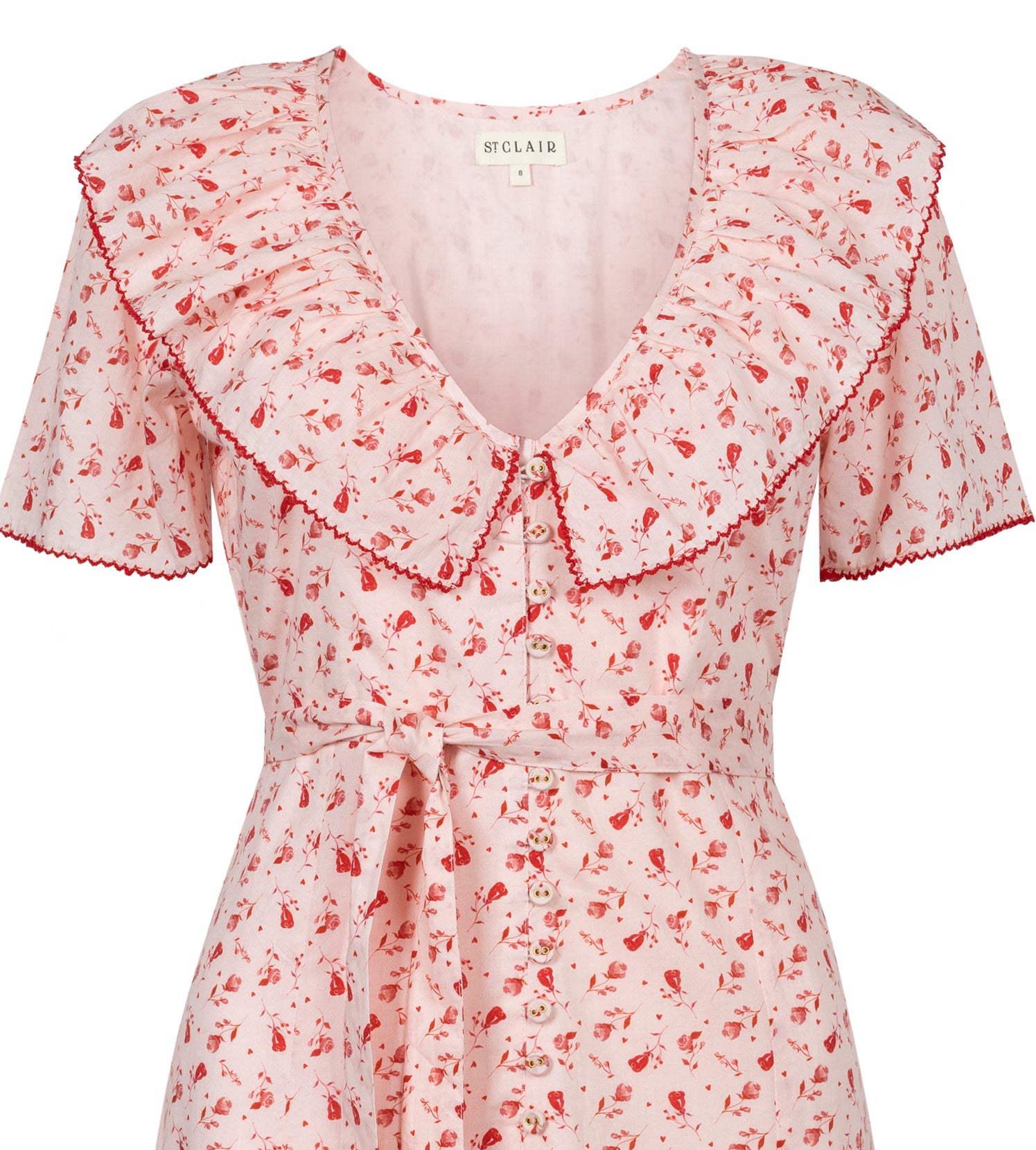 Pink and red floral ruffle capped sleeve Midi dress with buttoned top ...