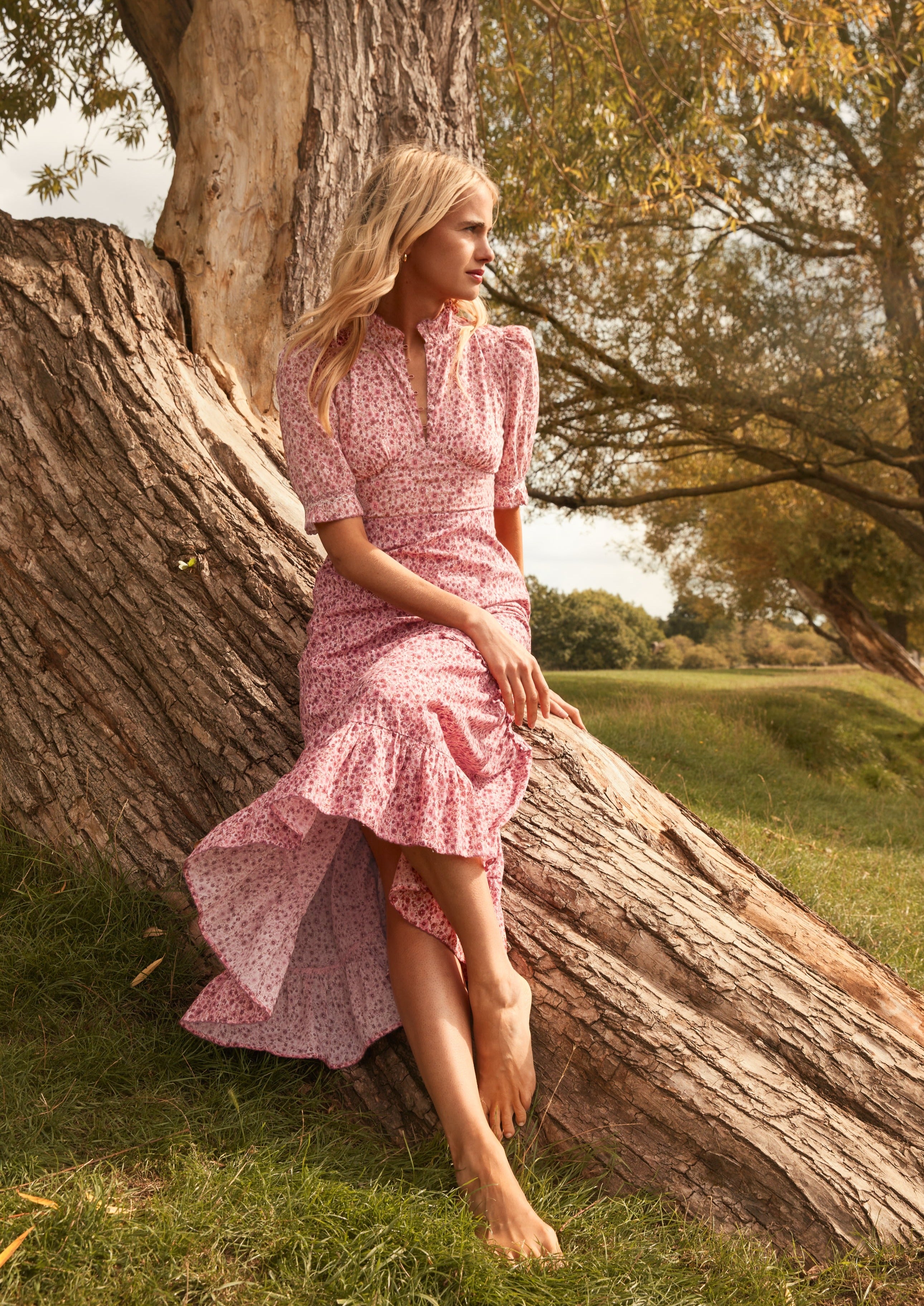 Poppy Pink Floral Cotton Sleeve A-line Midi Dress I ST. CLAIR